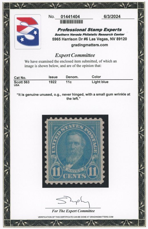 USA 563 - 11 cent Light Blue shade - XF app Mint nh with PSE Cert: gum ...