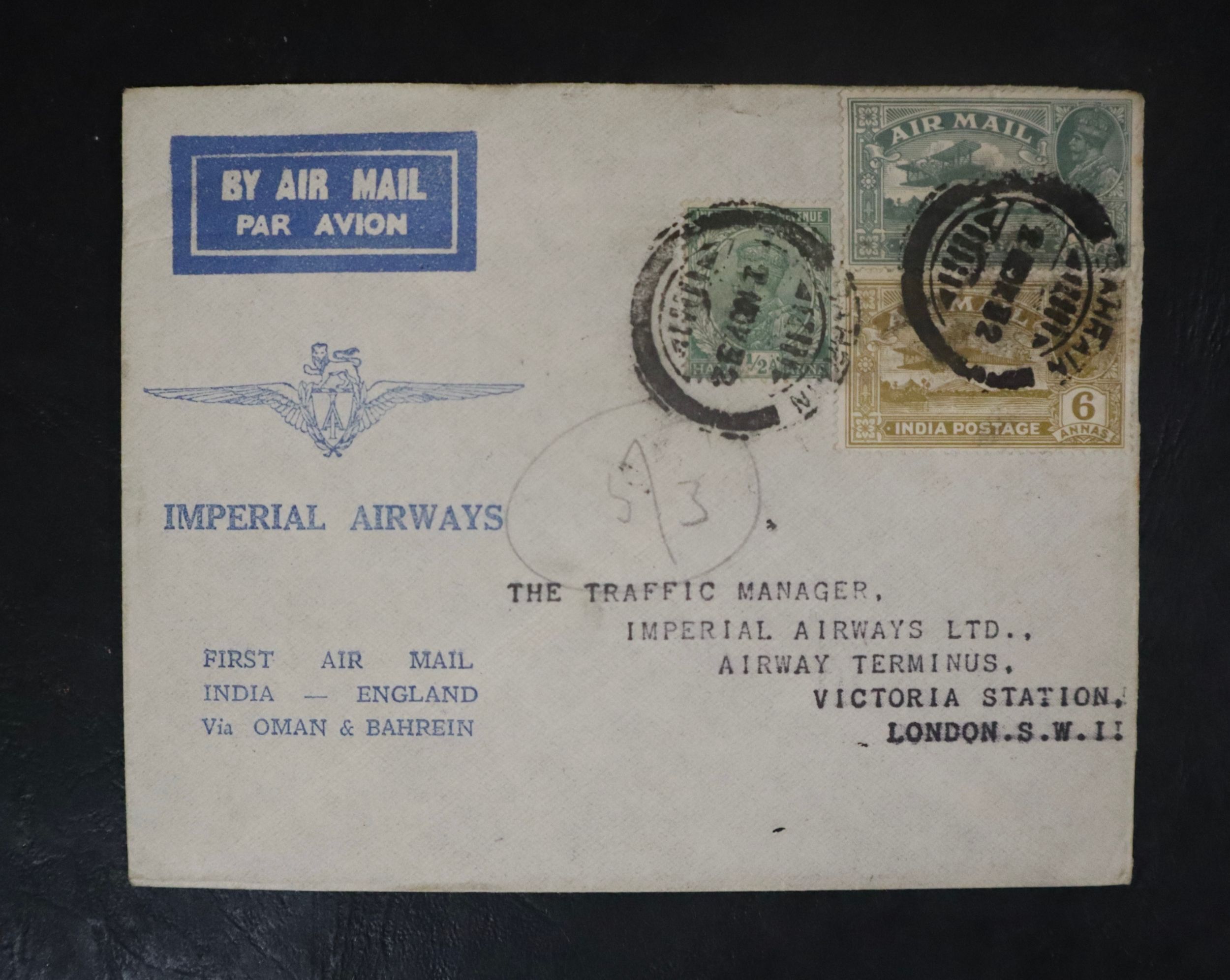 1932, First Air Mail India to England, via Oman & Bahrain, Bahrain to ...
