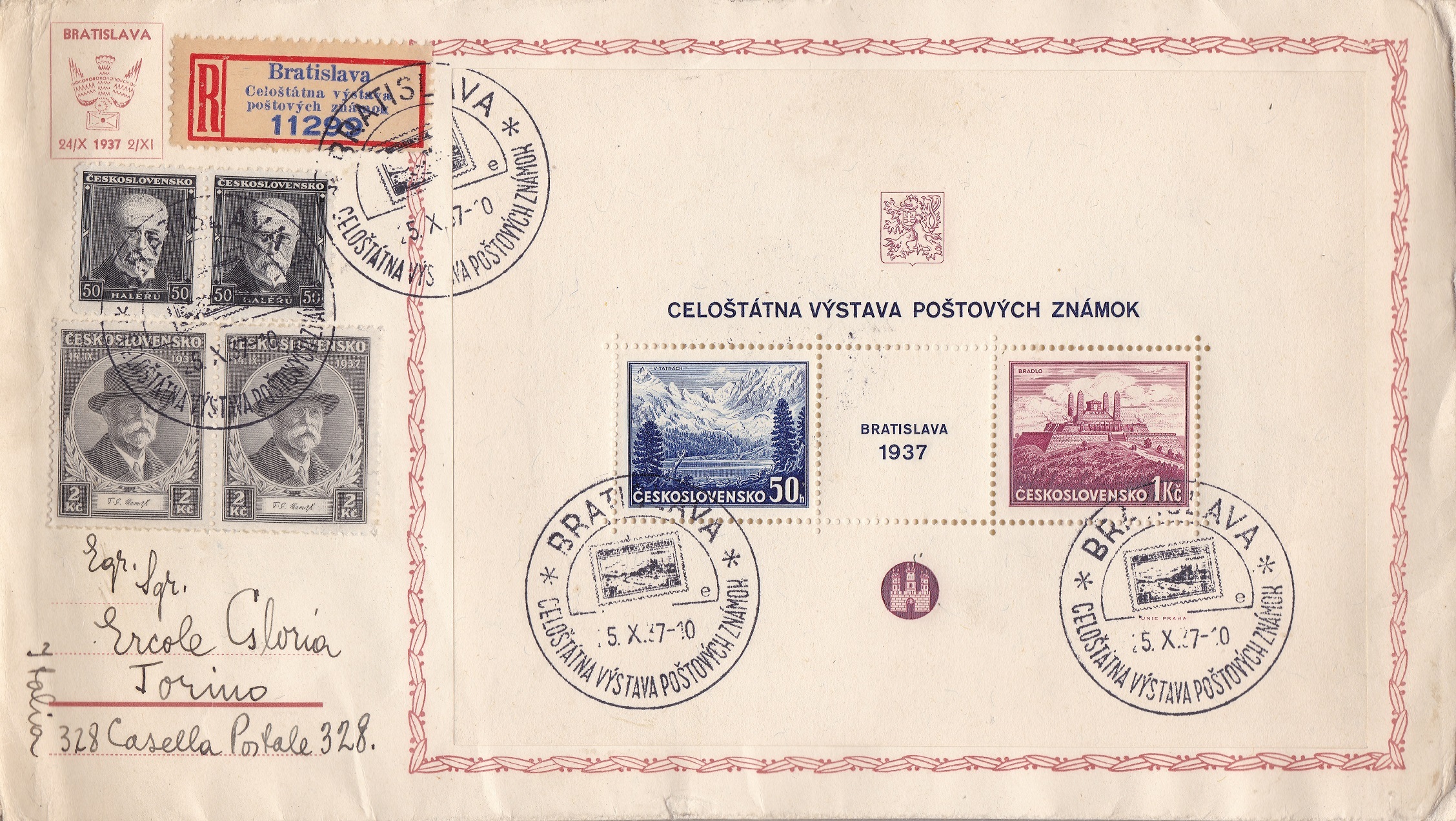 1937 CZECHOSLOVAKIA, BF 1 on Recommended Letter for Turin | Europe ...