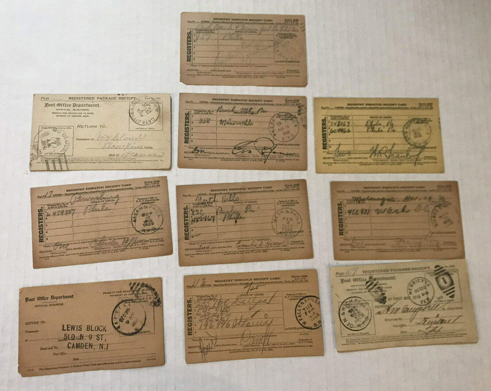10 registered package receipt/ despatch cards with RPO postmarsk 1914 ...