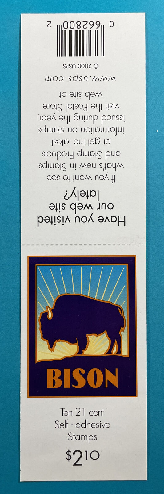 Scott 3484d BISON Booklet Pane of 10 US 21¢ Stamps MNH 2001 | United ...