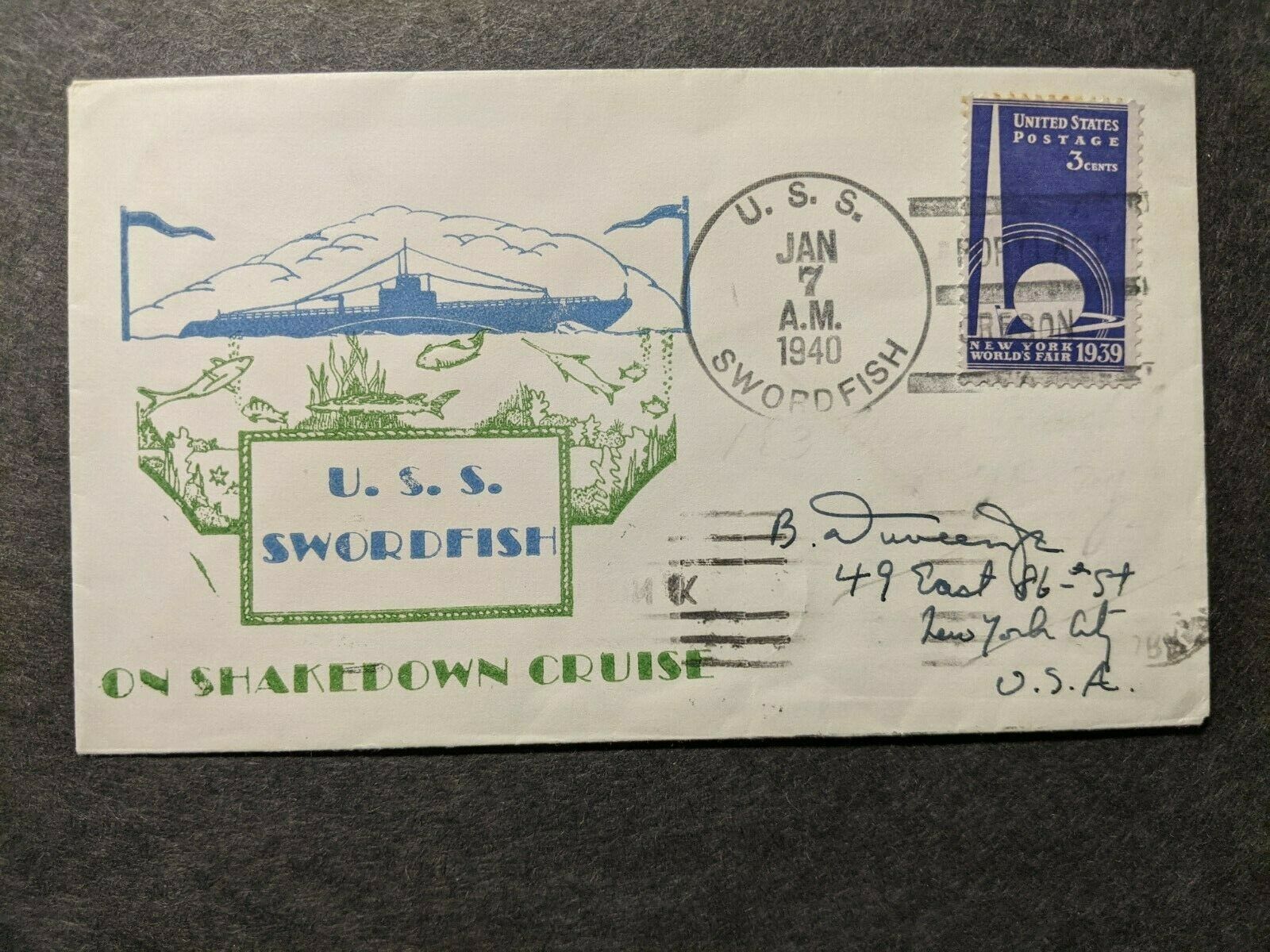 Submarine USS SWORDFISH SS-193 Naval Cover 1940 SHAKEDOWN CRUISE Cachet ...
