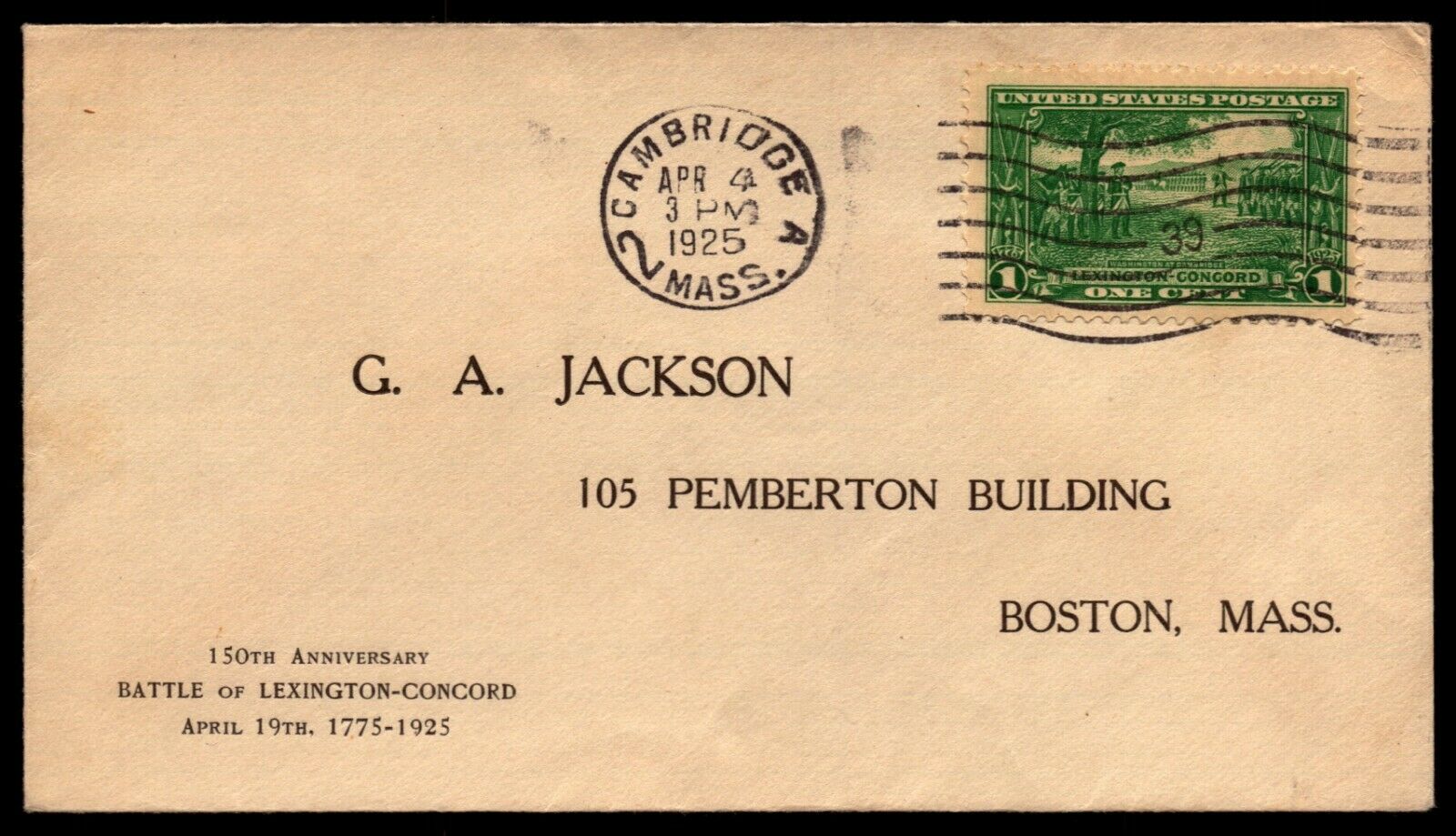 Scott 617 1 Cents Lexington 1st Jackson Cachet FDC Typed Address ...