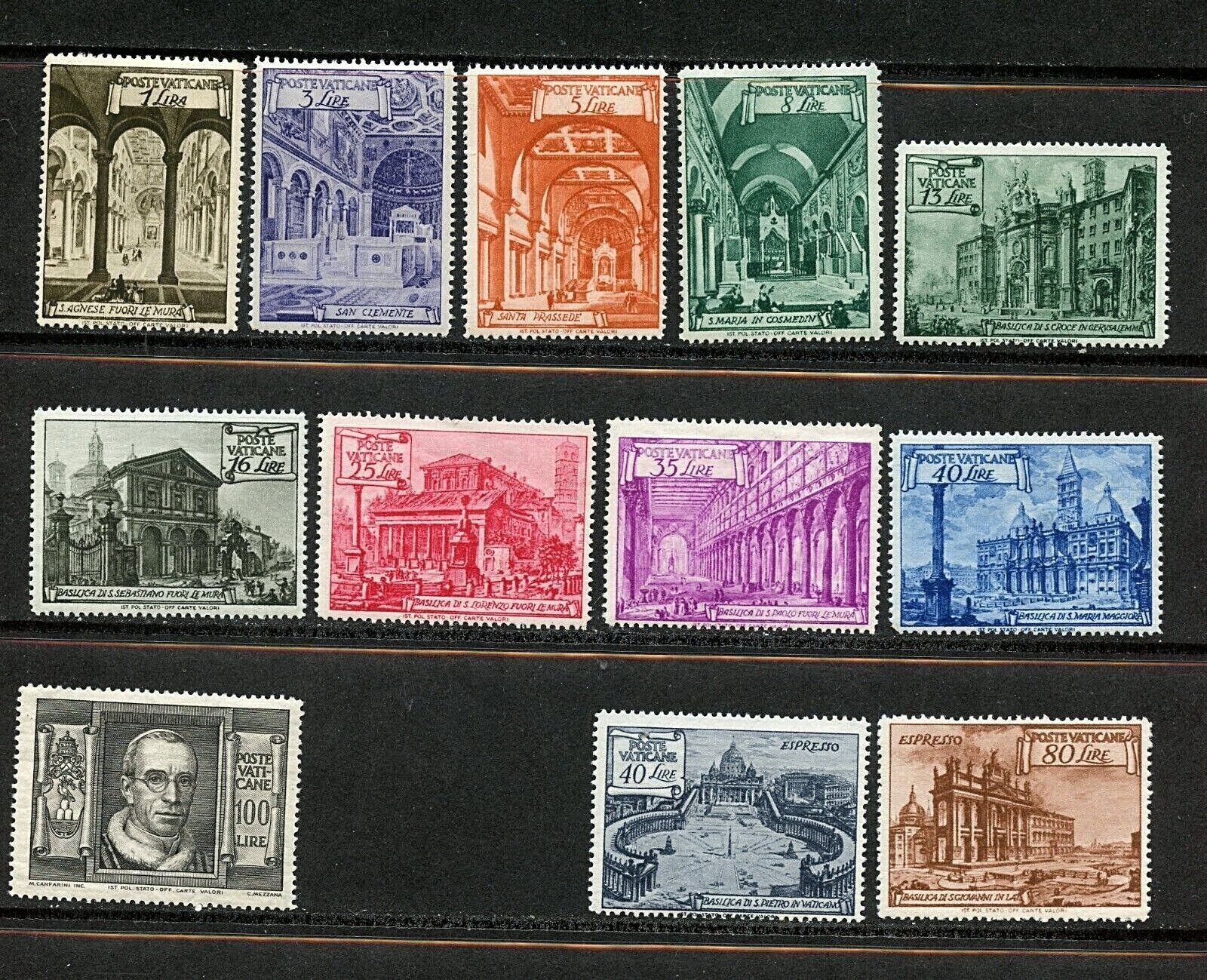 Vatican City #122-130 (VA522) Comp 1949 Basilica, Pope Pius XII, M, LH ...