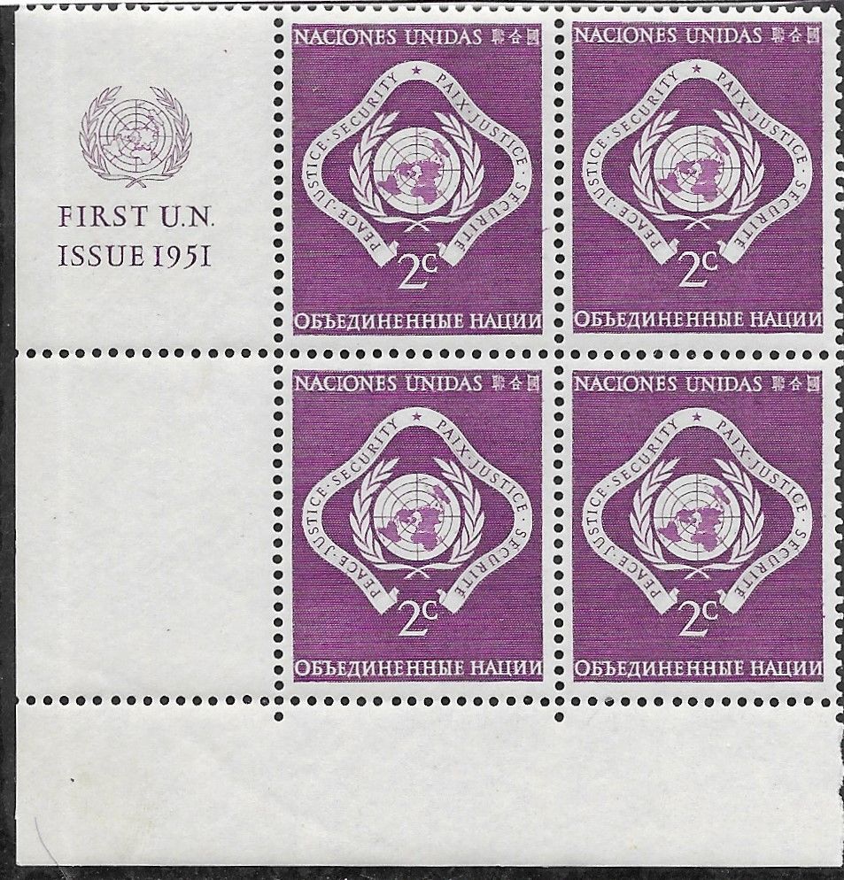 UN-NY # 3 Second Printing (1955) M.I. Block/4- L.L. (1) Mint NH ...