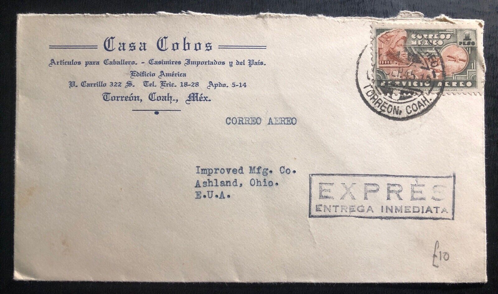 1945 Torreon Mexico Casa Cobos Commercial Express Cover To Ashland OH ...