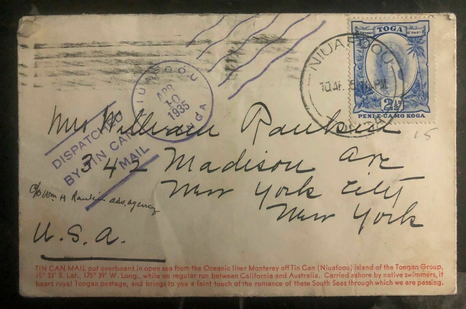 1935 Niuafoou Tonga Toga Tin Can Canoe Mail Cover to New York USA Via ...