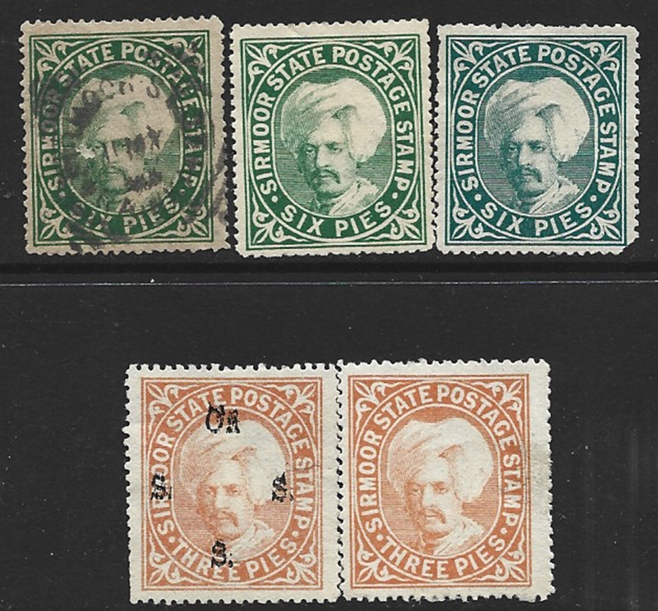Collection LOT 11924 Indian States Sirmoor 5 AC Stamps 1885+ Cv+$22 ...