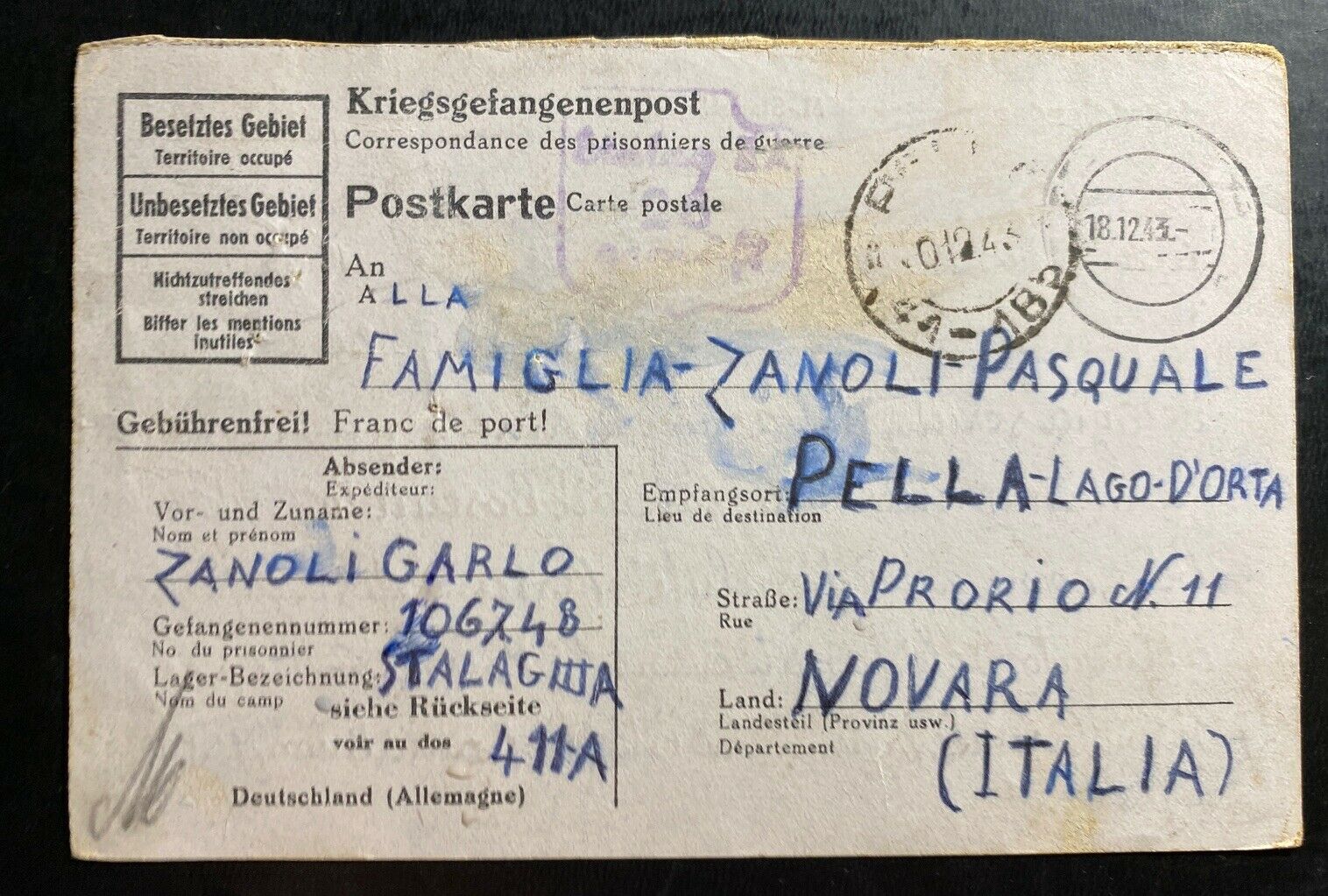 1943 Germany Stalag 3A POW Prisoner of War Postcard Cover To Novara ...