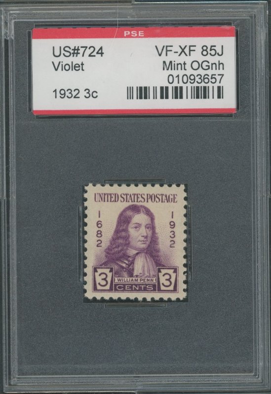 USA 724 - William Penn - PSE Graded Slab: VF/XF 85J - Mint OGnh Jumbo ...