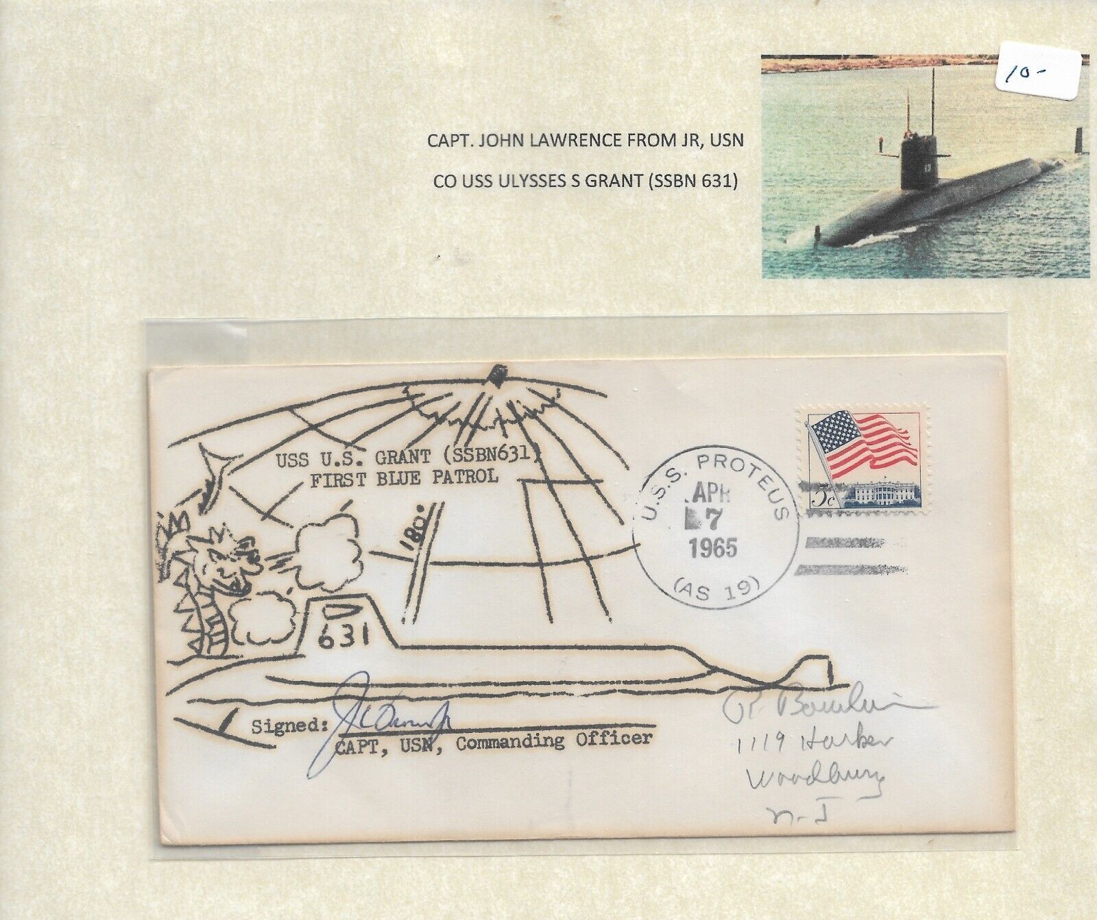 1965 Capt John From Jr USN C.O. USS Ulysses S. Grant SSBN-631 to NJ ...