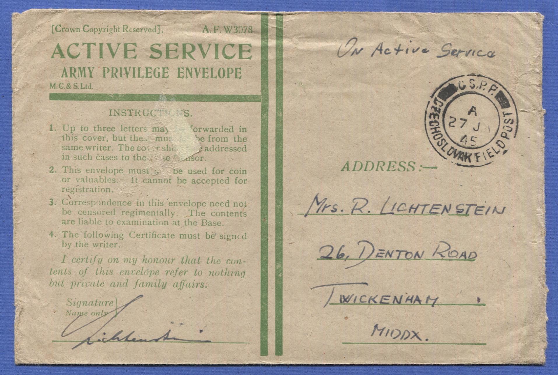 CZECHOSLOVAKIA 1945 Military Field Post Great Britain, Army Privilege ...