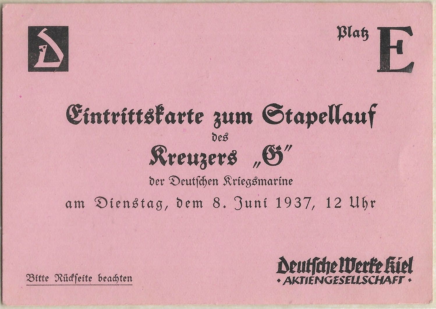 WW2: German Naval Feldpost Launching Ticket for KMS Blucher 6/8/37 ...