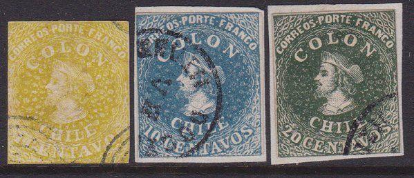 CHILE - an old forgery of a classic stamp x 3 ...