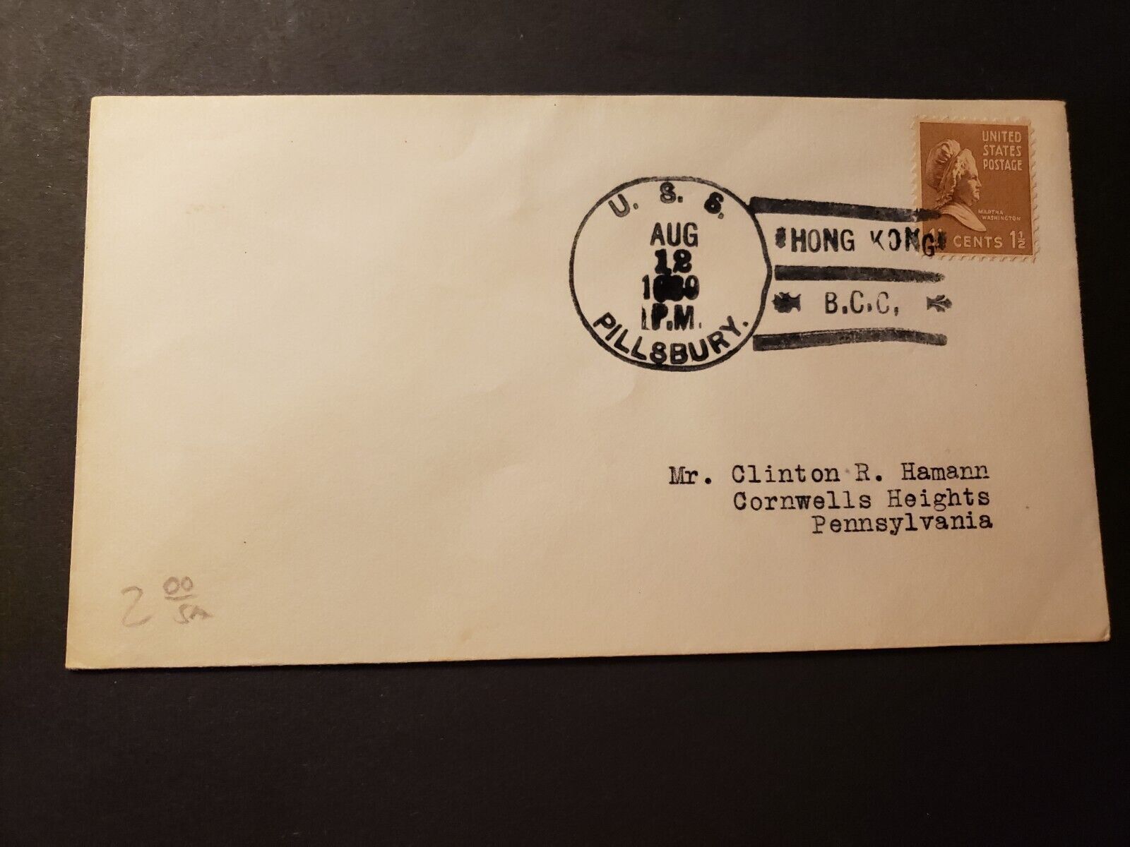 USS Pillsbury Dd-227 Naval Cover 1940 Hong Kong, China | United States ...
