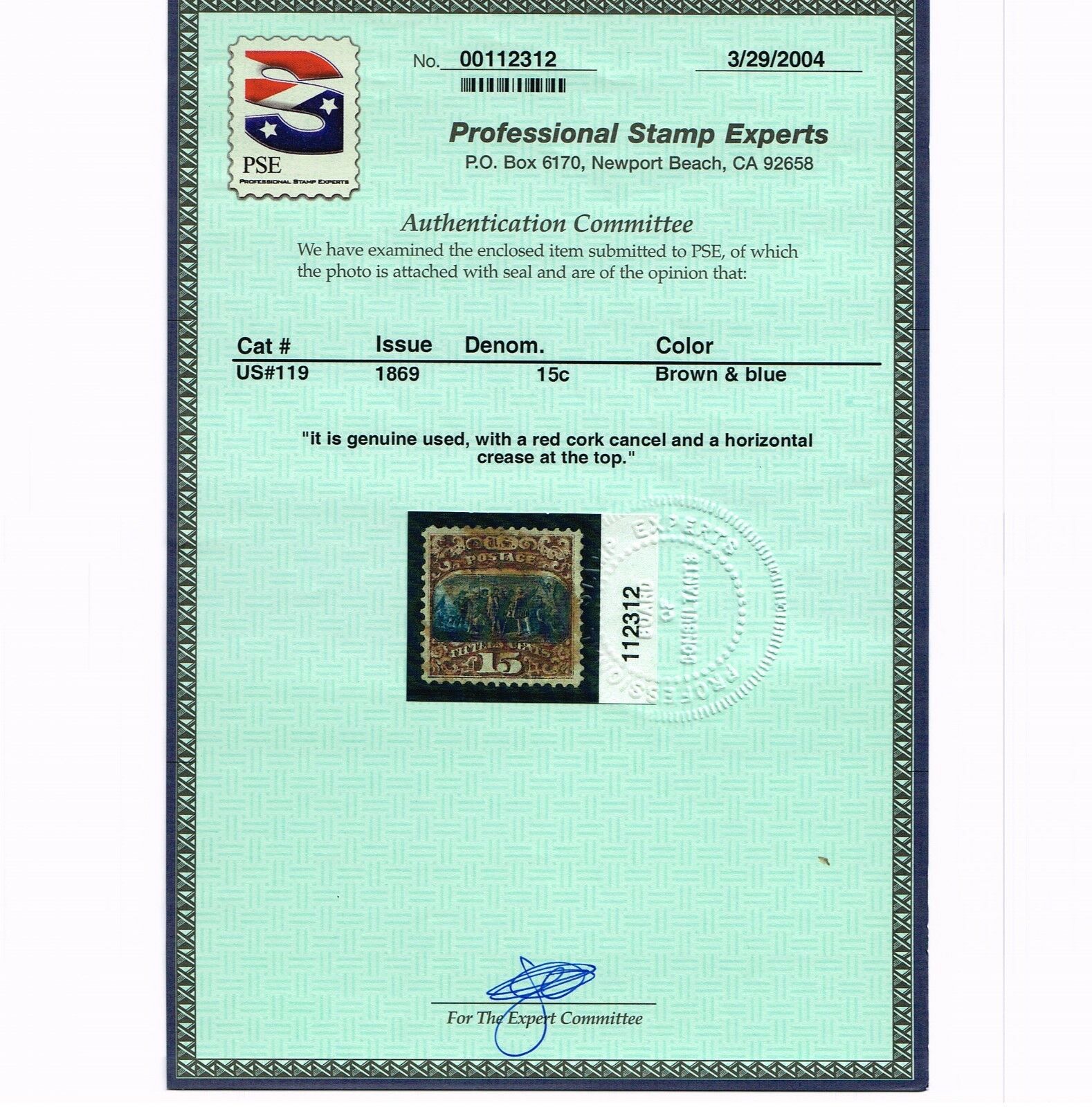 Exceptional Genuine Scott #119 VF Used 1869 PSE Cert RED Cancel Clear G ...