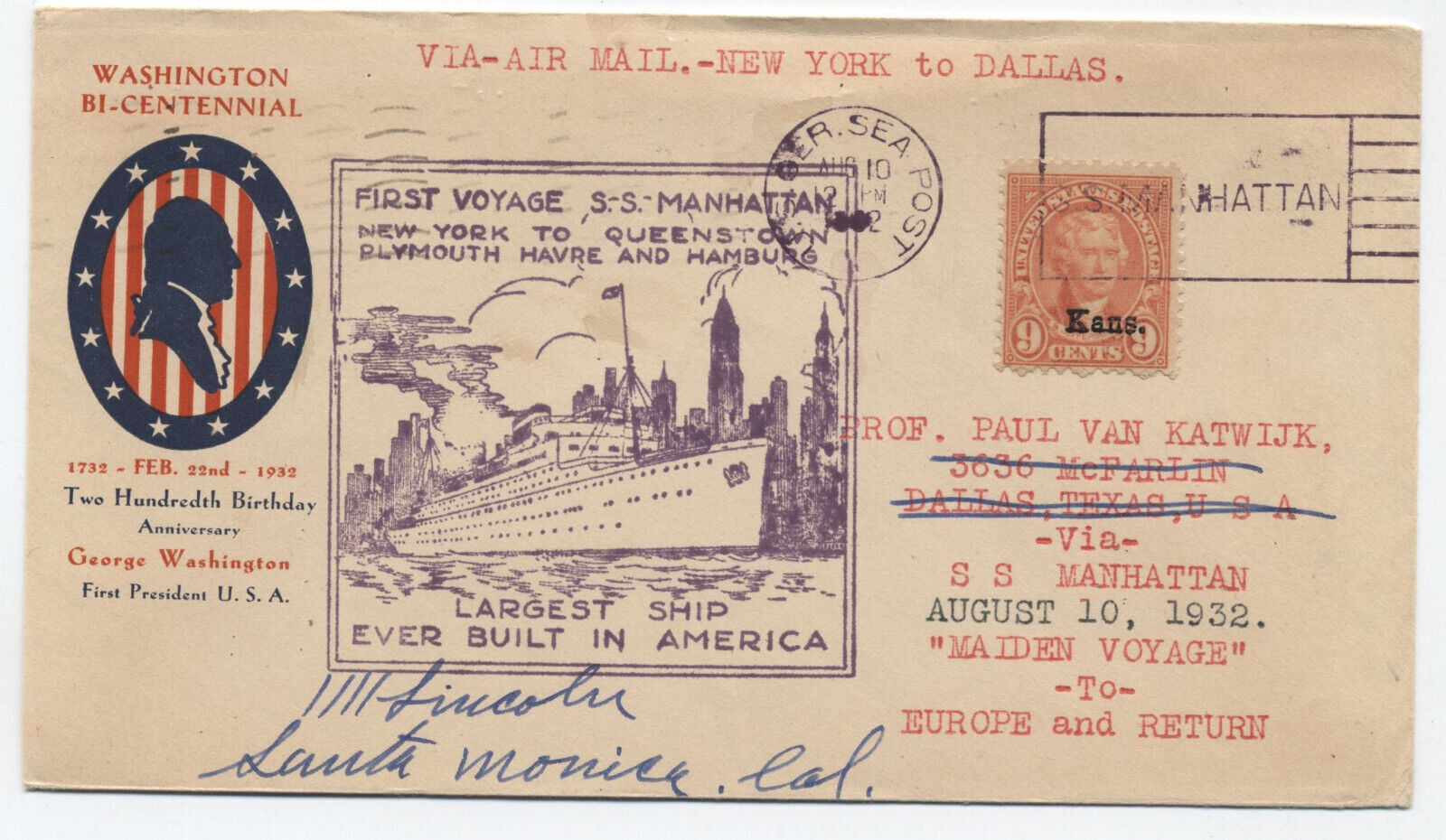 1932 US. Ger. Sea Post cacheted cover 9 cent Kansas #667 [H.3779 ...