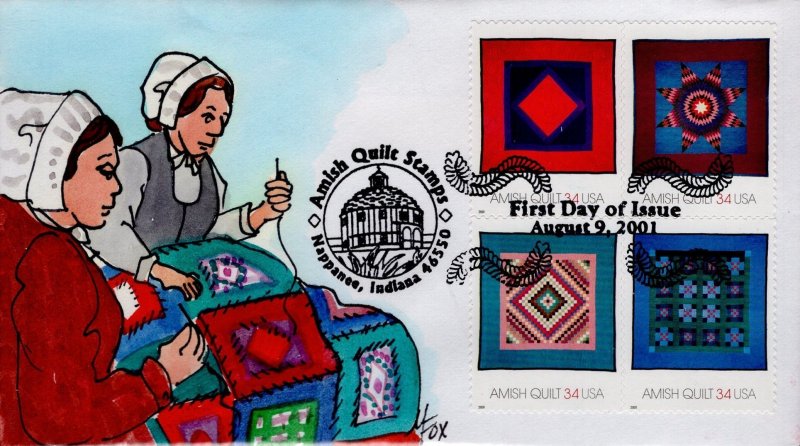 Melissa Fox Hand Painted Combo FDC for the 2001 34c Amish Quilts Stamps ...