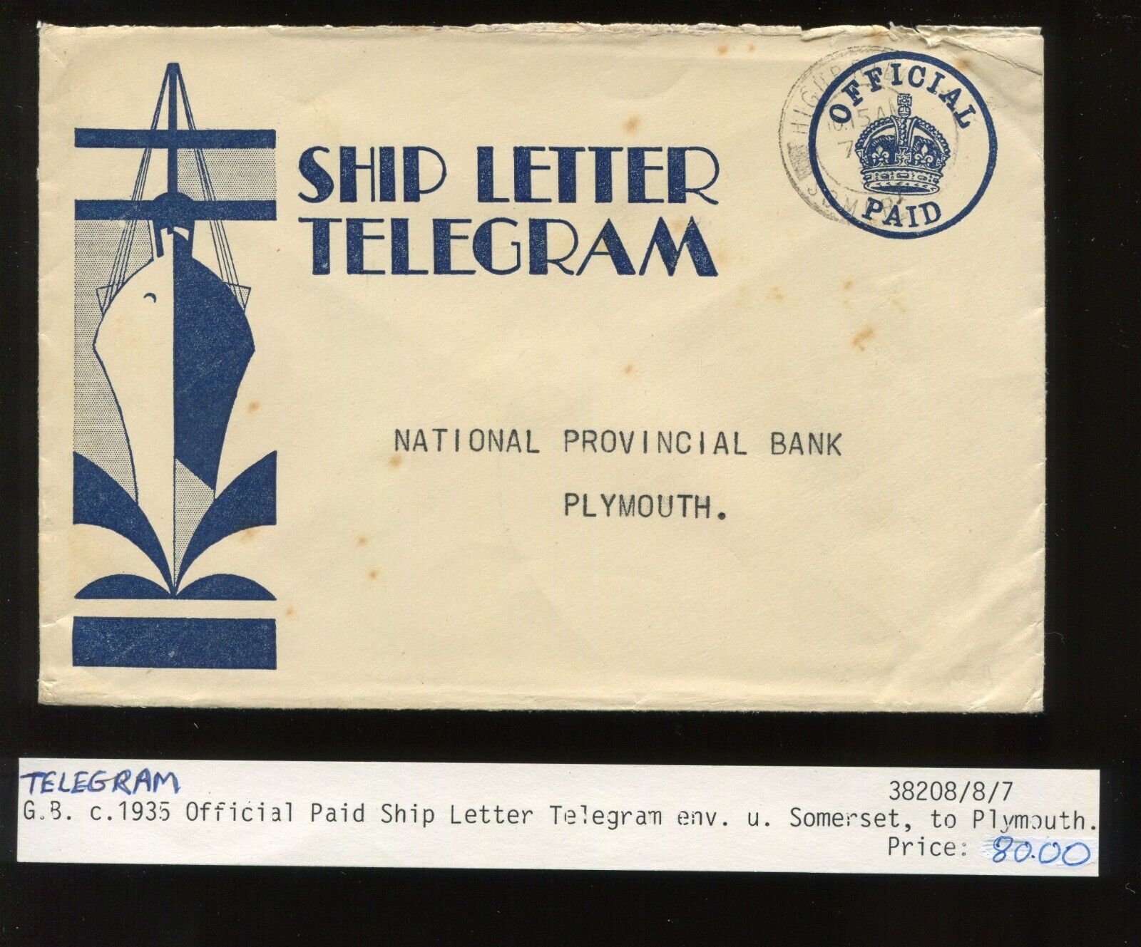 Official Paid Ship Letter Telegram Cover Somerset to Plymouth EX Kramer ...