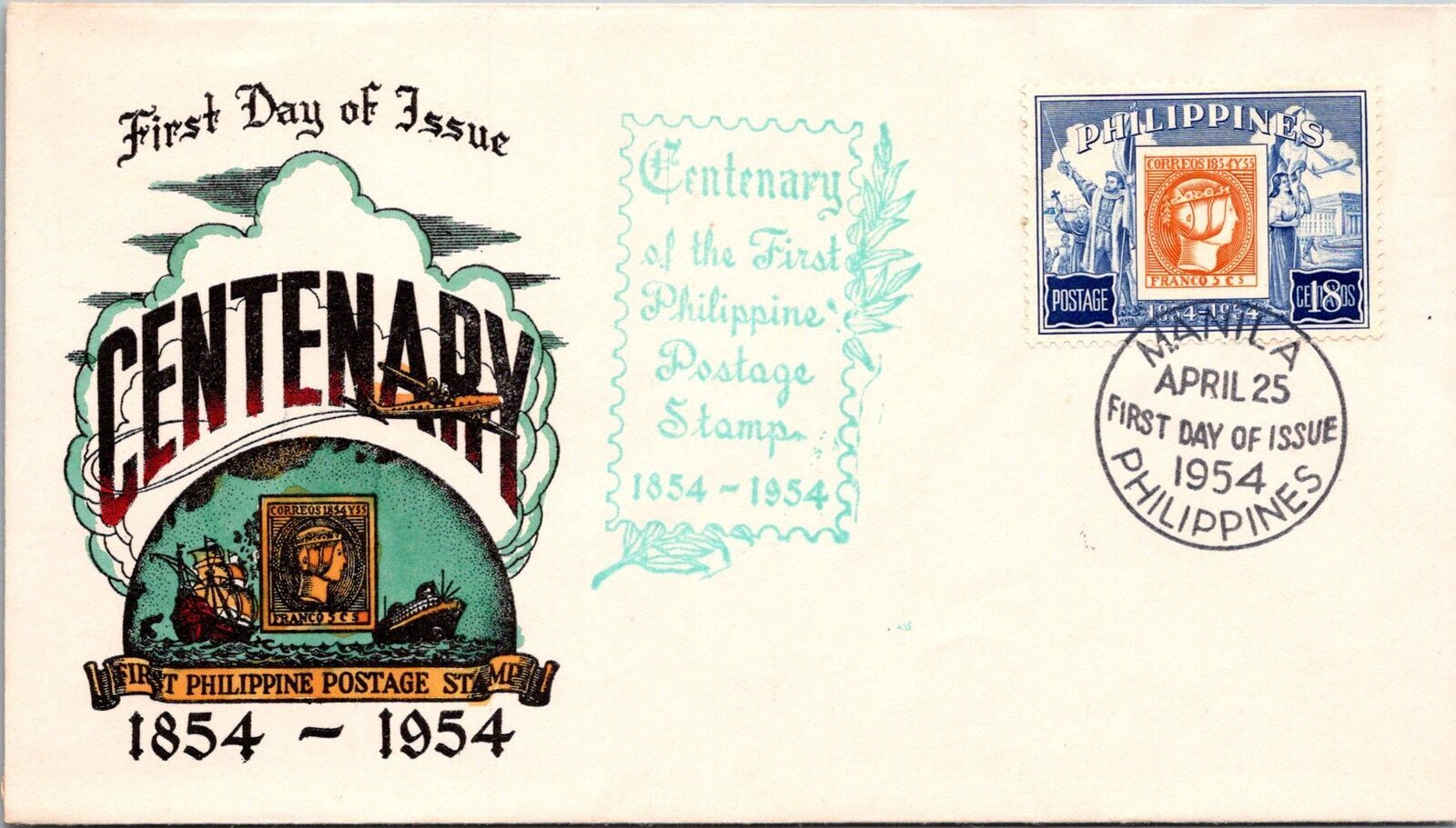 Philippines FDC 1954 - Centenary Phil Postage Stamp - 18c Stamp ...