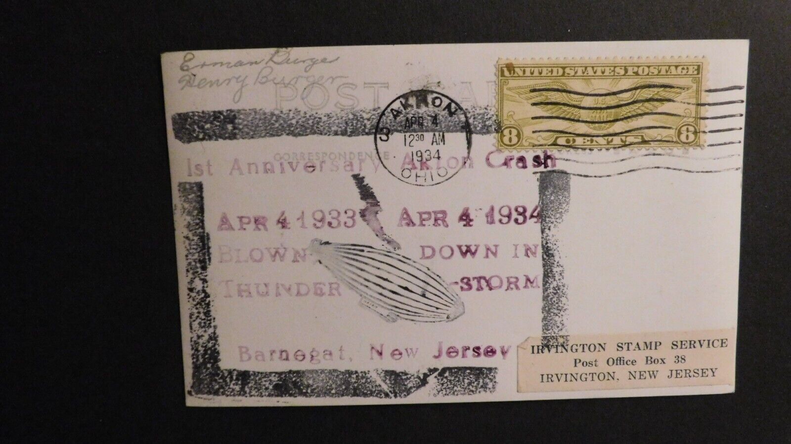 1934 USA Postcard Cover USS Akron Anniversary of Crash Airship Zeppelin ...
