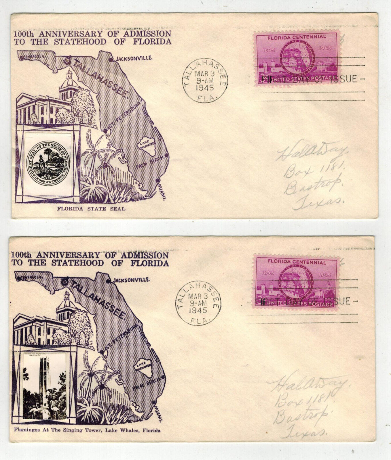 1945 Florida Statehood 100th Anniv 927 Crosby Photo the Singing Tower ...