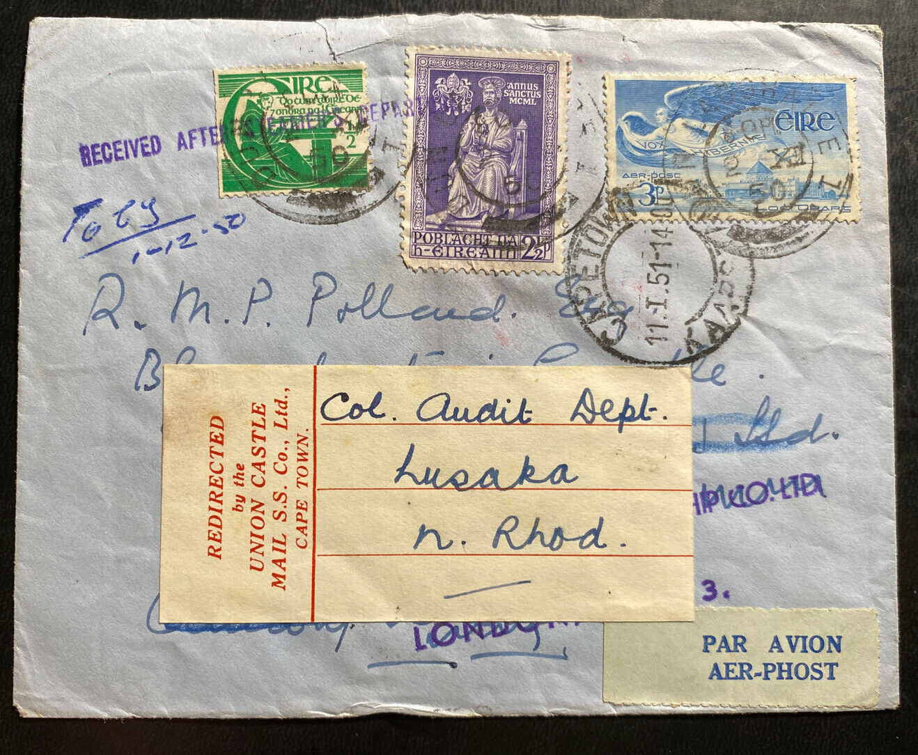1951 Dun Laoghaire Ireland Airmail Cover Redirected To Lusaka Northern ...