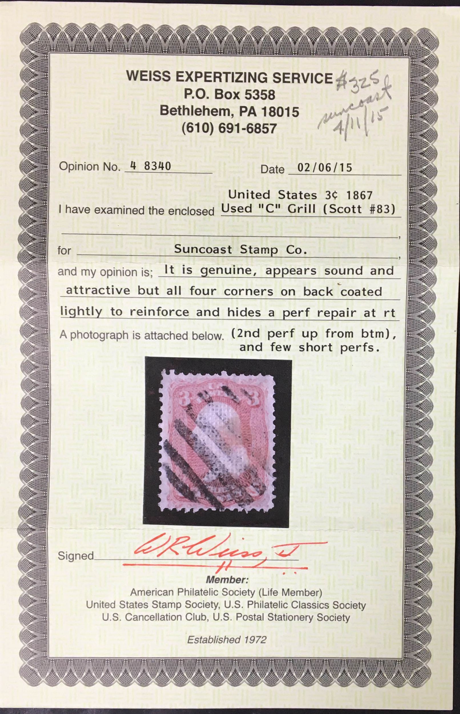 US Stamps # 83 C Grill Used *** Weiss Cert *** CAT. $1,100 LOT #5181 ...
