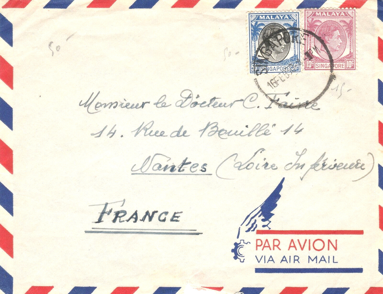 MALAYA 1953 Straits Settlements Singapore KGVI Airmail Cover to France ...