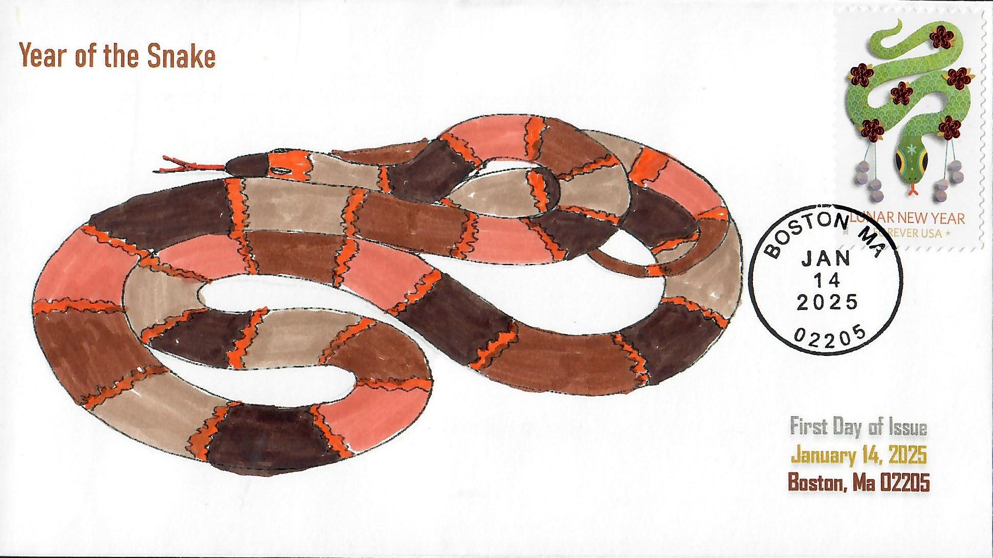 5952 - FDC 2025 Year of the Snake - Wally Jr Cachet Hand Painted Snake ...