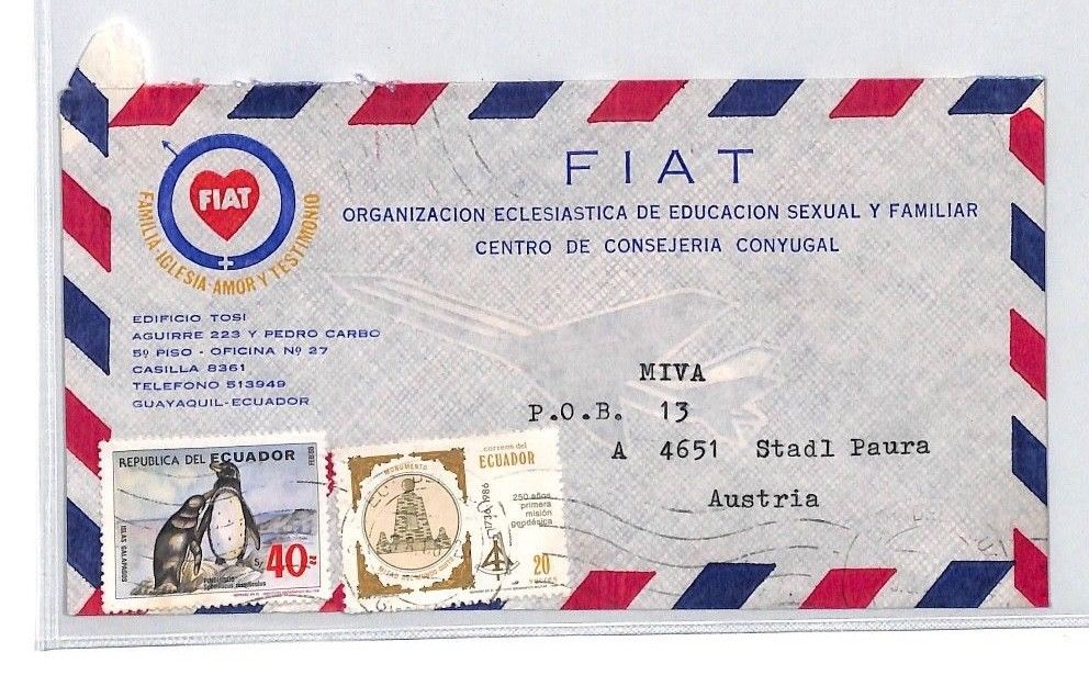 Ecuador *FIAT* HEART LOGO Advert Cover Airmail MISSIONARY VEHICLES 1988 ...