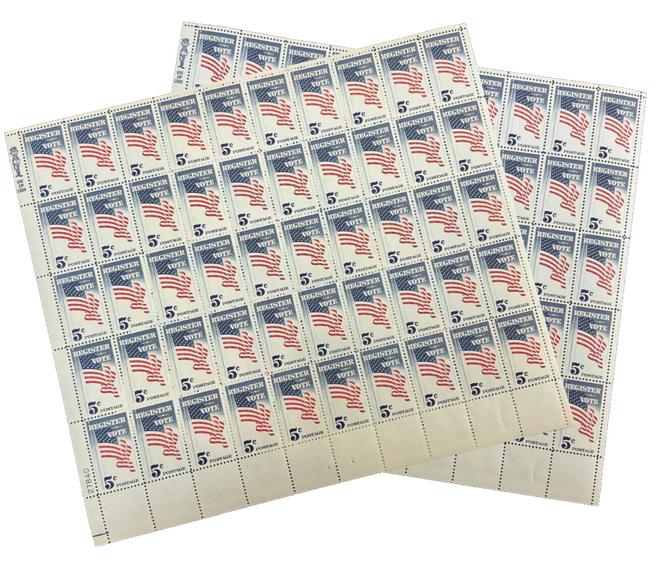 #1249, 5C REGISTER TO VOTE, 1964 lot of 2 MNH Sheets of 50 stamps. $5. ...