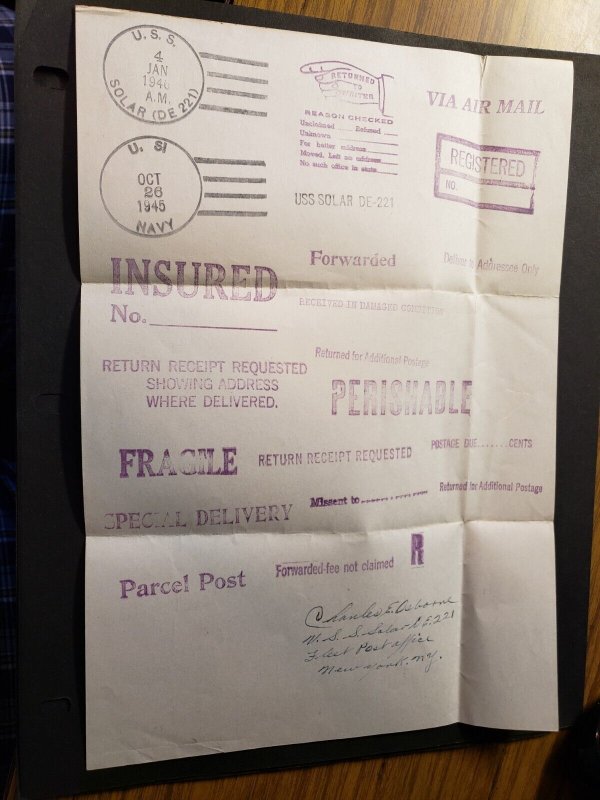 USS SOLAR DE-221 Naval Sheet 1945/1946 w/ all ship's markings | United ...