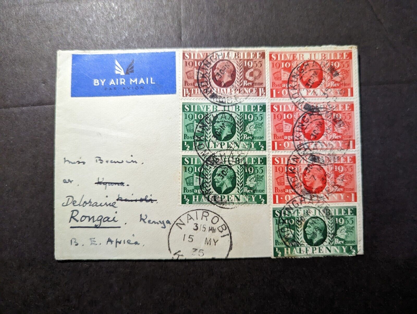 1935 England Airmail First Day Cover FDC Nottingham to Rongai Kenya ...