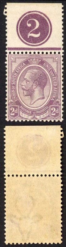 South Africa SG6 2d Plate number example Stamp U/M (mounted in margin ...