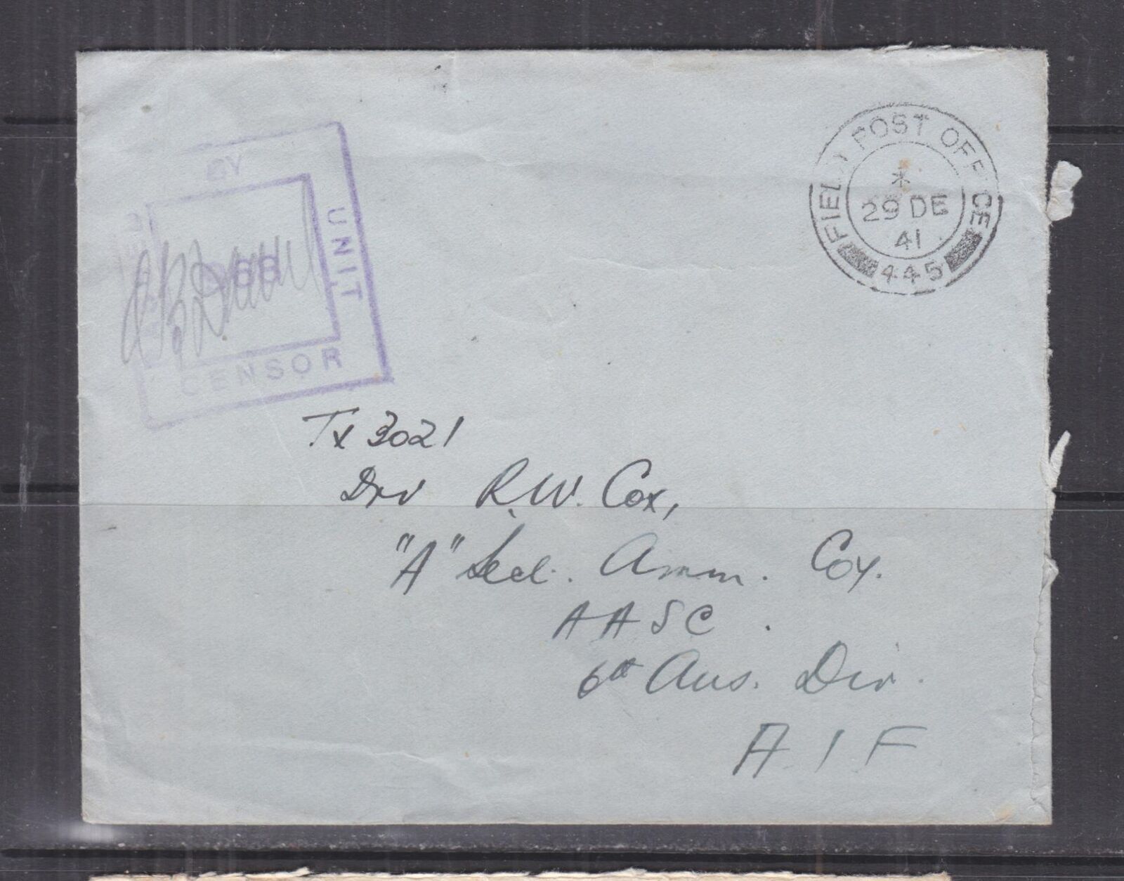 AUSTRALIA, FIELD POST OFFICE,445, 1941 Censored cover to 6th. Aust. Div ...
