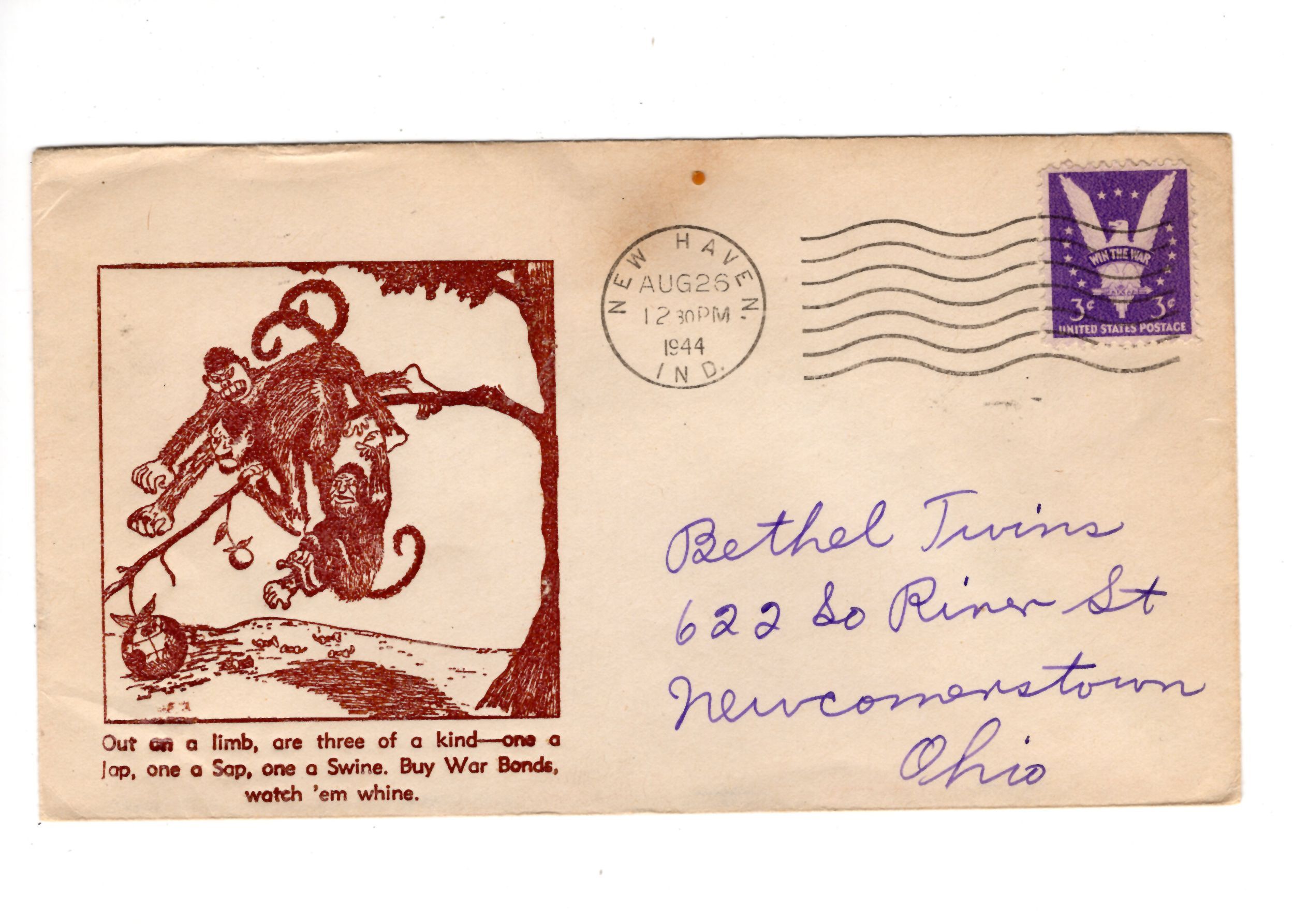 WWII Patriotic Hitler Mussolini Tojo Monkeys Out New Haven IN 1944Cover ...
