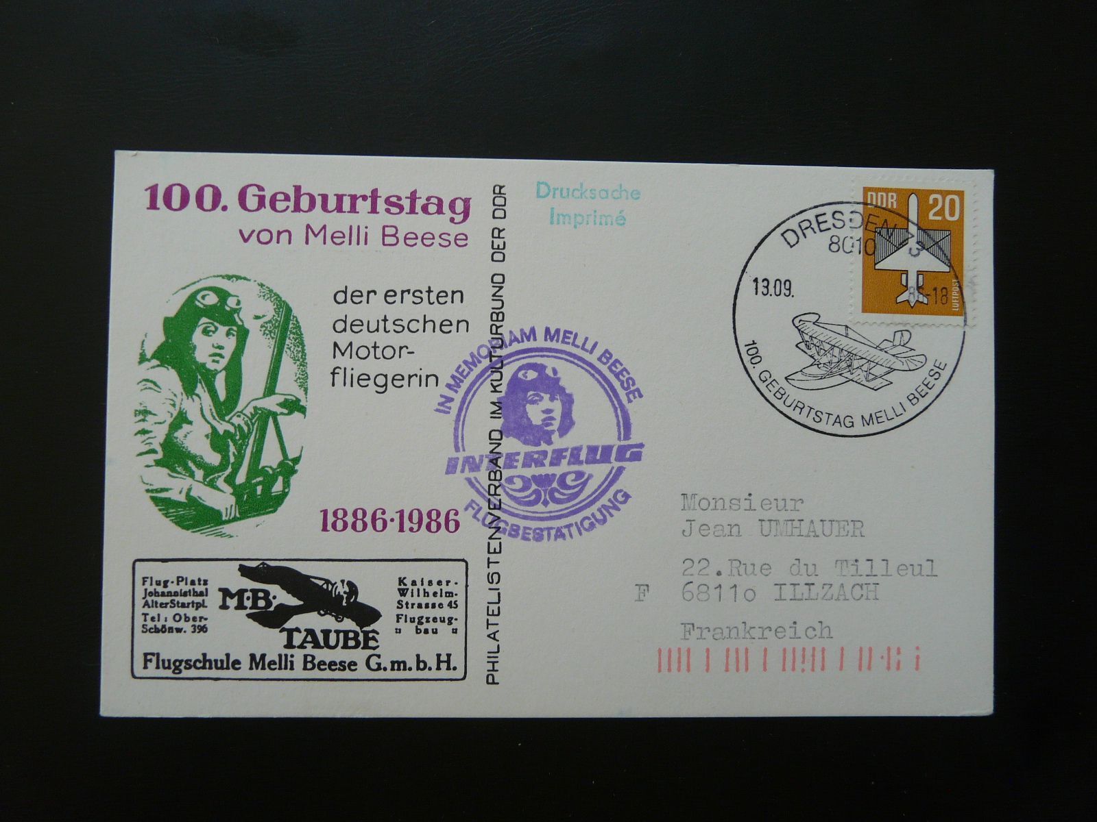 aviation history Melli Beese commemorative card Interflug DDR 1986 ...