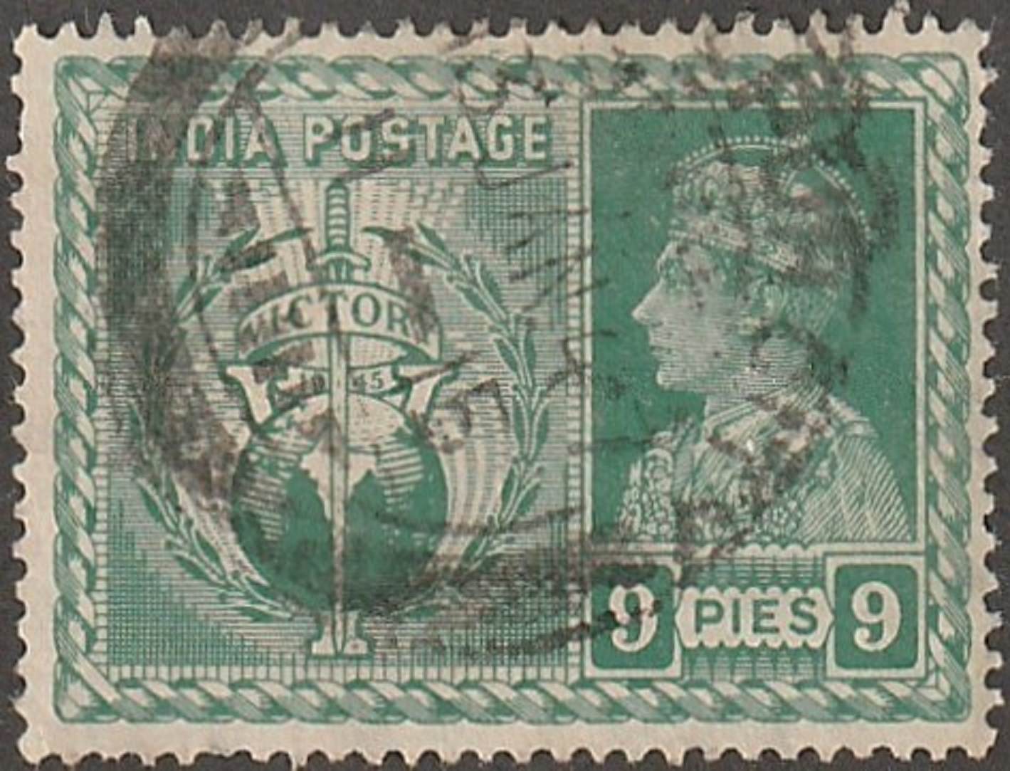 India stamp, Scott#195, used,9 pies, green color, Symbols of Victory, # ...