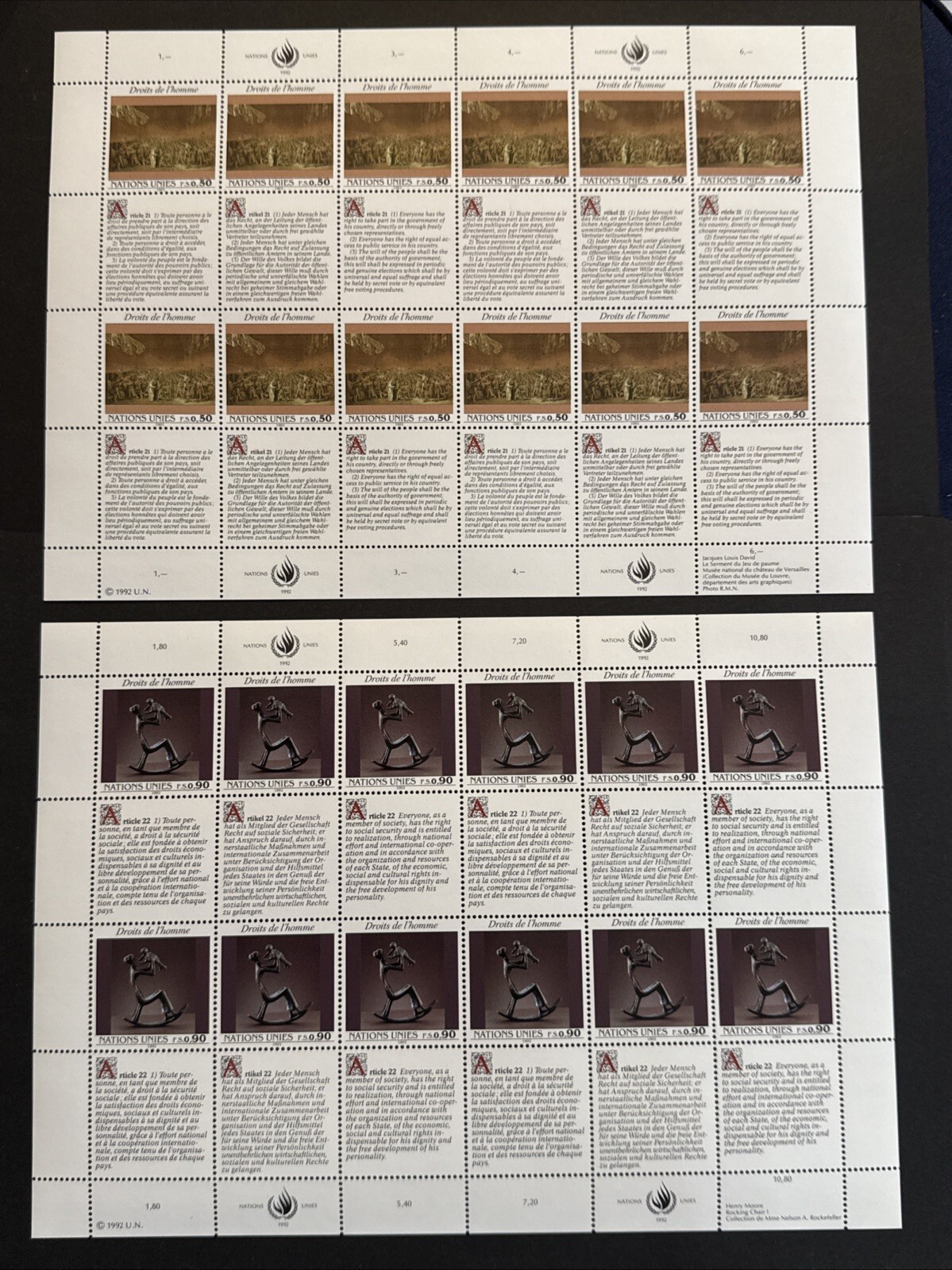 1992 United Nations Geneva Human Rights Sc# 224-5 MNH Full Panes Sheets ...