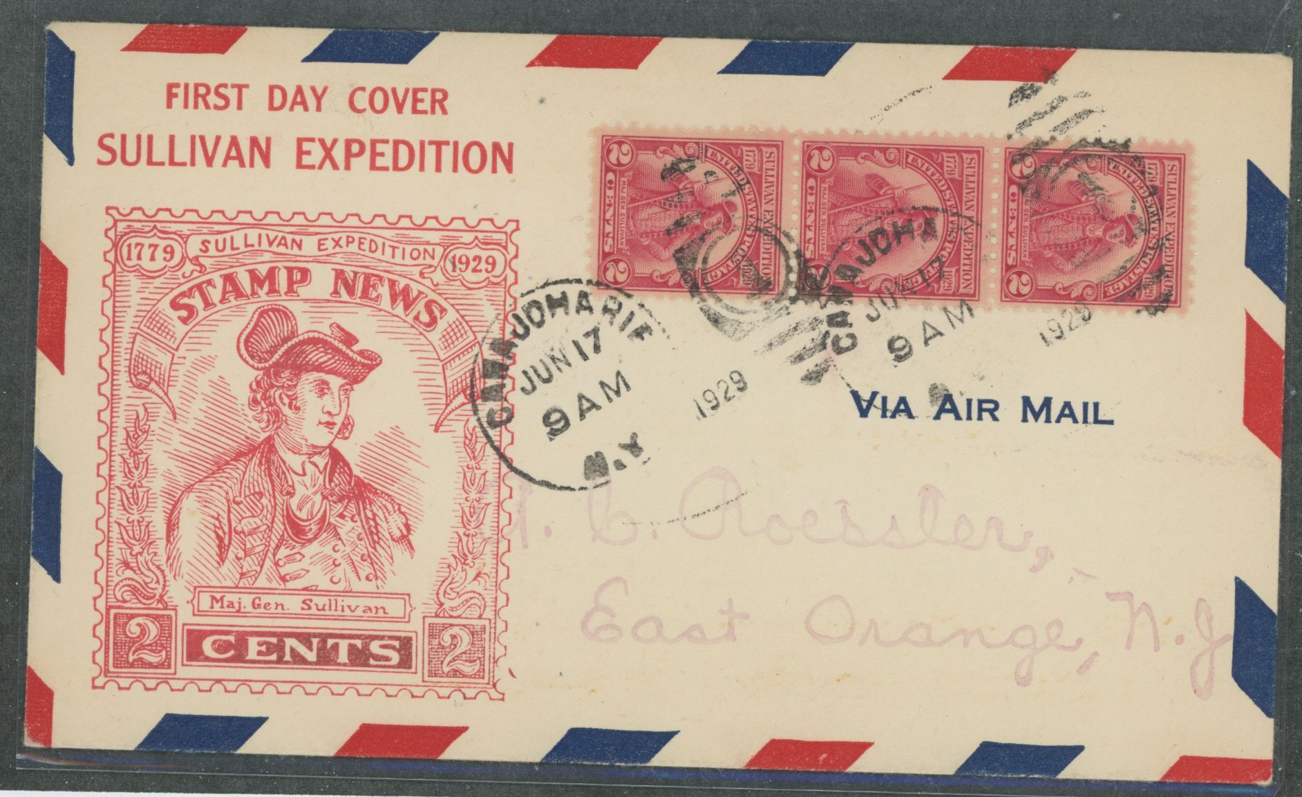 US 657 (1927) 2c Sullivan Expedtion (strip of three) on an addressed ...