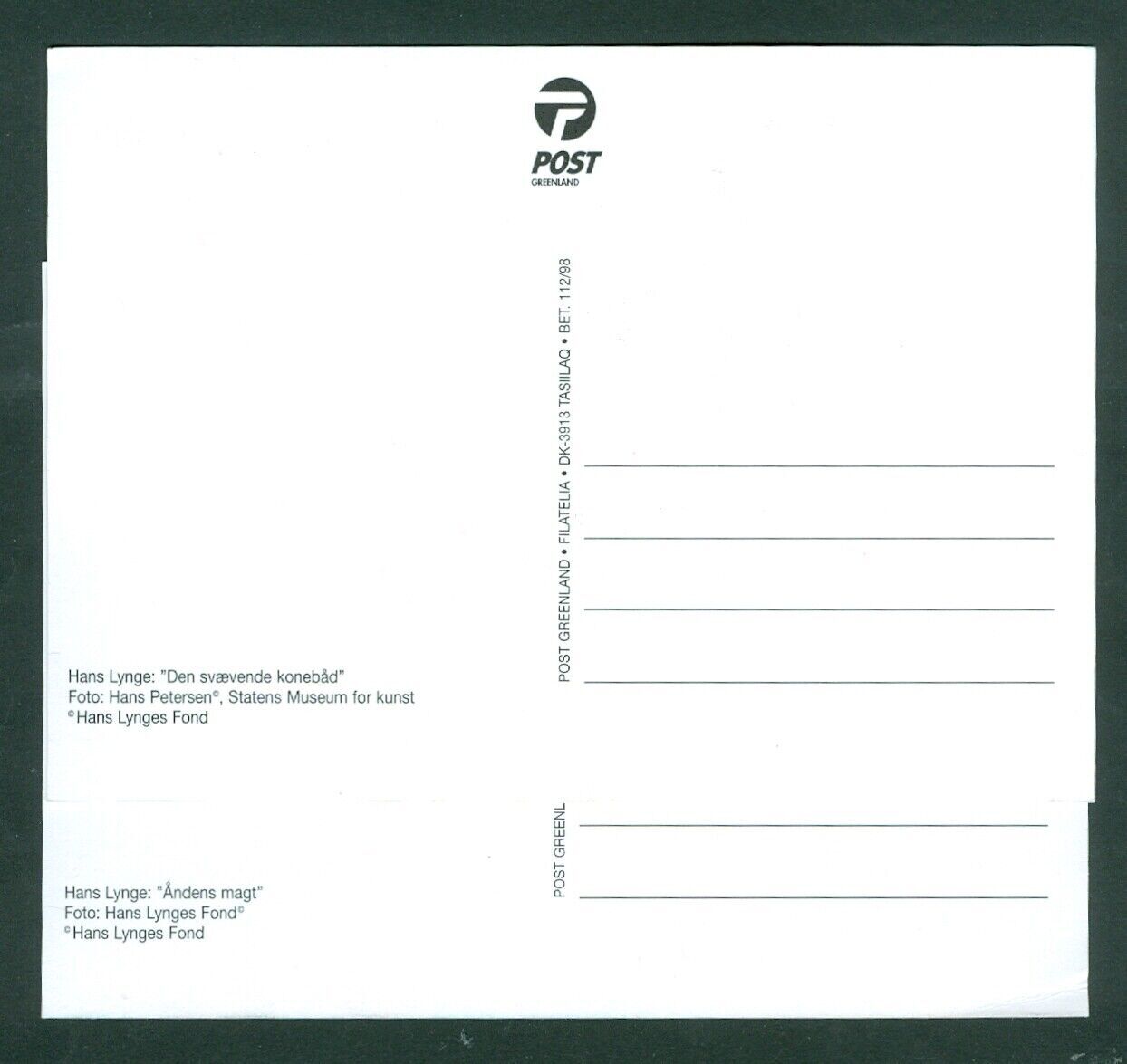 Greenland. 1998. 2 FD. Maximum Card. Art II. Hans Lynge. Sc. # 340-41 ...