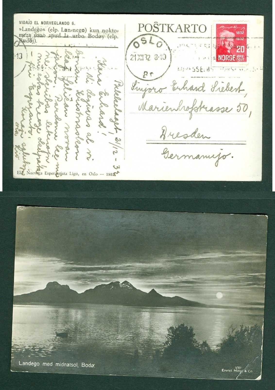 Norway. Postcard 1932. 20 Ore Bjornson. Landego,Bodo. Adr: Germany ...