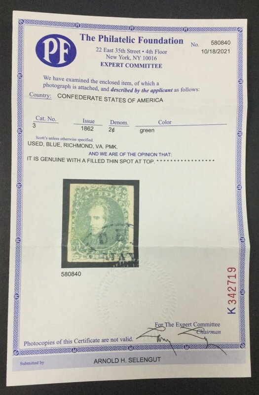 US Stamps CSA #3 Imperf Blue CDS PF Cert LOT #82200 | United States ...