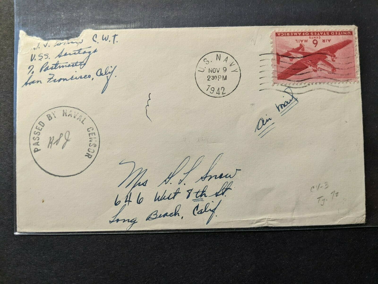 USS SARATOGA CV-3 Naval Cover 1942 Censored WWII Sailor's Mail AIRCRAFT ...