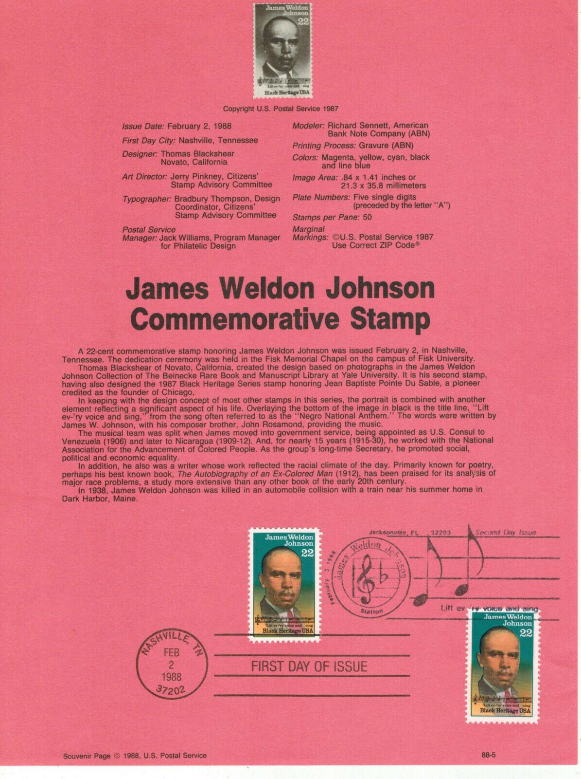 James Weldon Johnson 2371 Souvenir Page Scarce Dual + Florida 2nd DAY ...