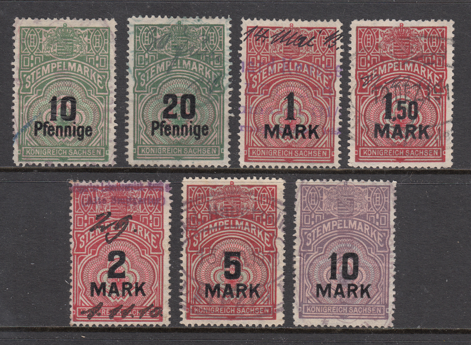 Germany, Saxony, 1909 Stempelmarke Revenues, 7 different, used, sound ...