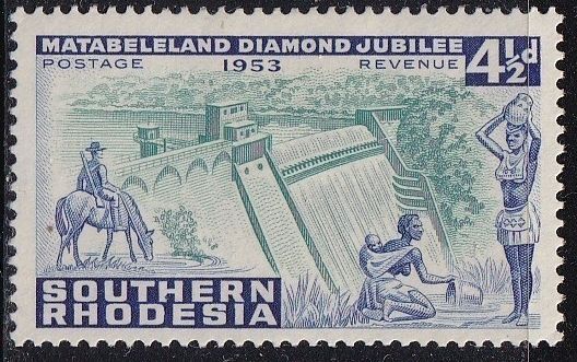 Southern Rhodesia 77 (mh) 4½p Rhodes Cent.: dam, natives, dk blue ...