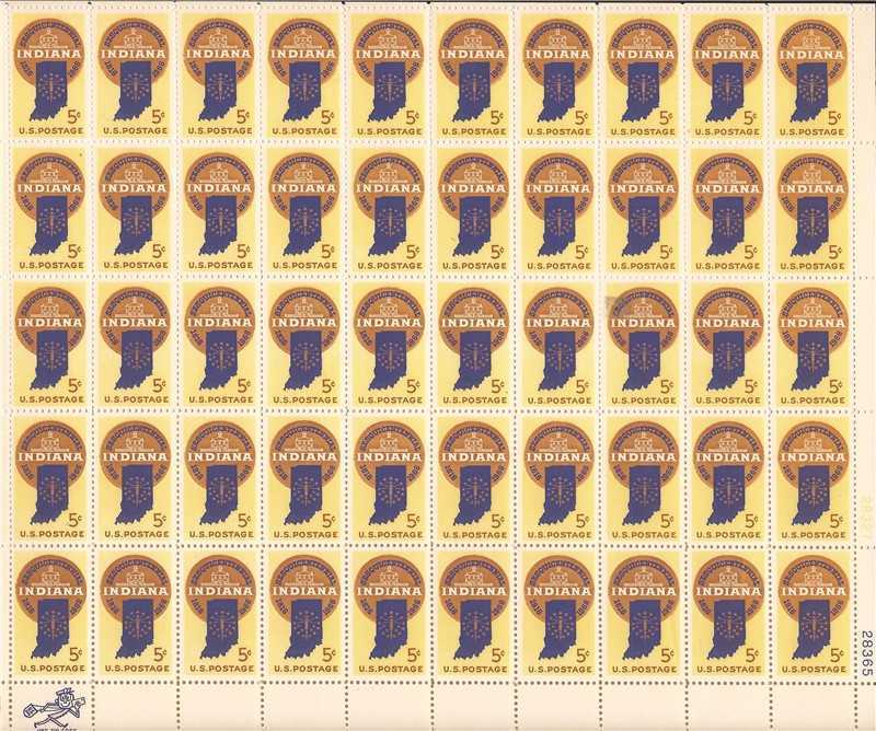 US Stamp - 1966 Indiana Statehood - 50 Stamp Sheet - Scott #1308 ...