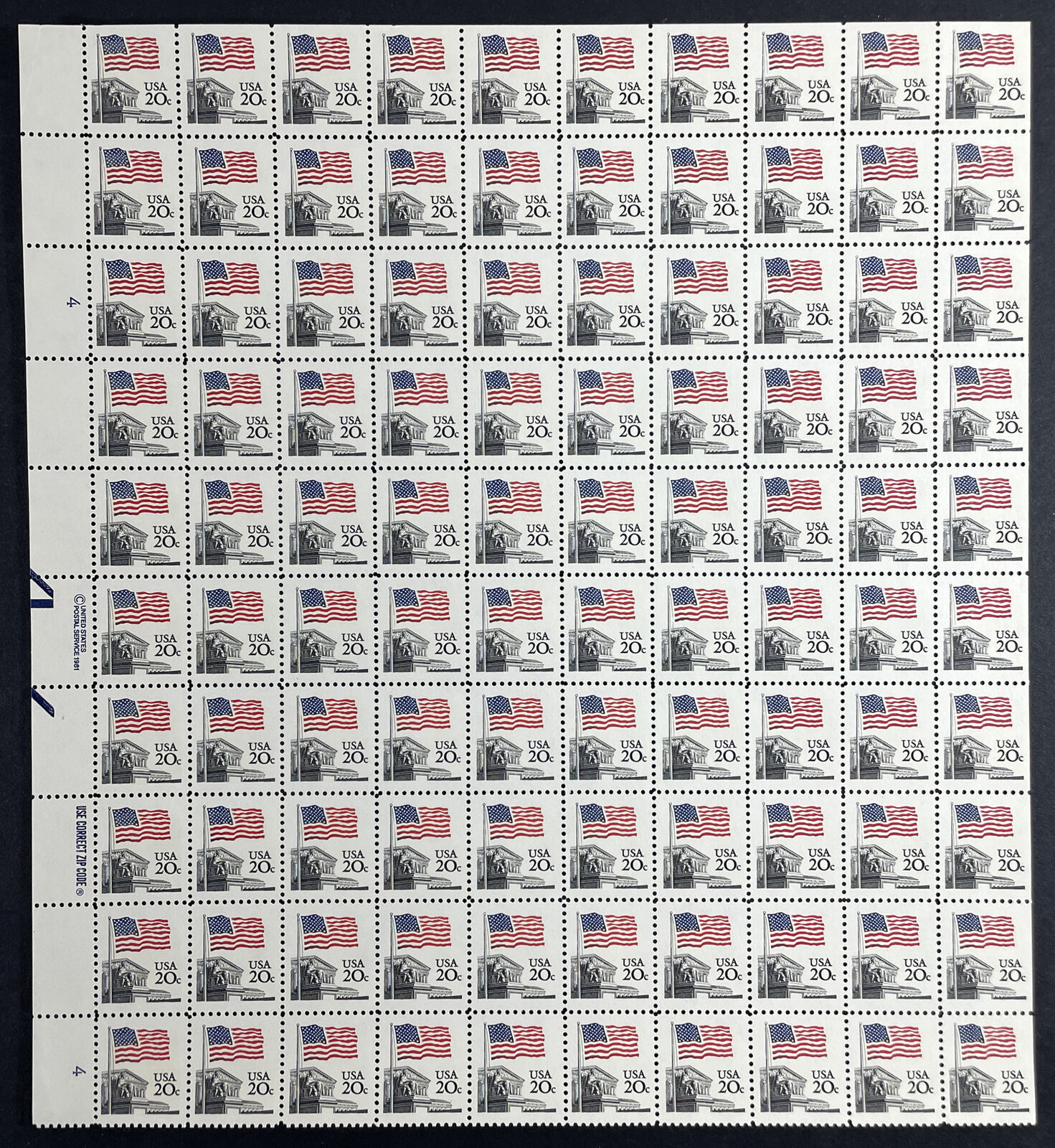 Scott 1894 FLAG OVER SUPREME COURT Sheet of 100 US 20¢ Stamps MNH 1981 ...